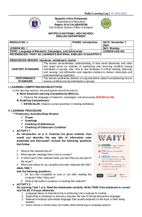 Doc Grade 10 Lesson Plan Language Of Research Campaign And Advocacy