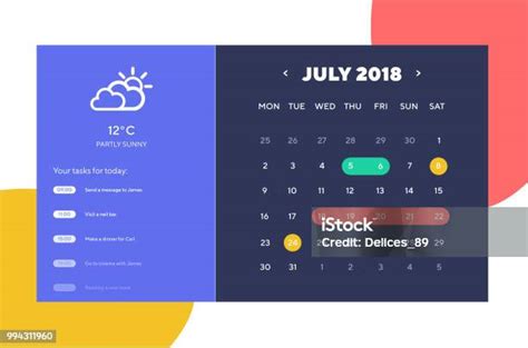 하루 플래너와 캘린더 App Ui Ux 디자인을 수행 모바일 애플 리 케이 션에 대 한 Ui Ux Gui 템플릿 레이아웃 캘린더 위젯 개체 그룹에 대한 스톡 벡터 아트 및