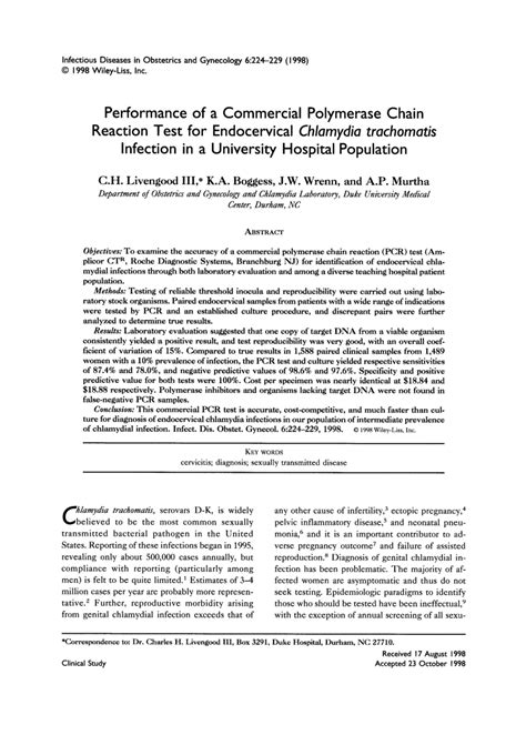 Pdf Performance Of A Commercial Polymerase Chain Reaction Test For Endocervical Chlamydia