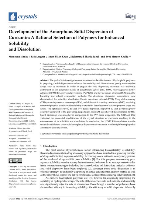 Pdf Development Of The Amorphous Solid Dispersion Of Curcumin A Rational Selection Of