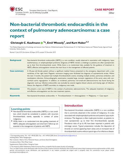 Pdf Non Bacterial Thrombotic Endocarditis In The Context Of Pulmonary Adenocarcinoma A Case