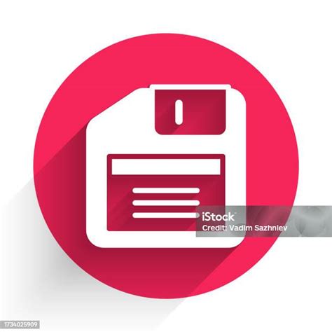 긴 그림자 배경으로 분리된 컴퓨터 데이터 저장 아이콘을 위한 흰색 플로피 디스크 디스켓 기호 빨간색 원 버튼입니다 벡터 고풍