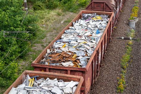 공장 재활용을 위한 오래된 녹슨 검은색 금속 스크랩 쓰레기로 가득 찬 철도 화물 열차 마차의 위 전망 철강 폐기물 수집 폐기 운송 물류 환경 보호 고물 집적소에 대한 스톡
