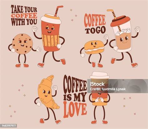 귀여운 복고풍 캐릭터 종이컵에 들어갈 커피와 달콤한 쿠키 마카롱 크루아상 컬렉션 패스트리와 커피 음료는 향수를 불러 일으키는