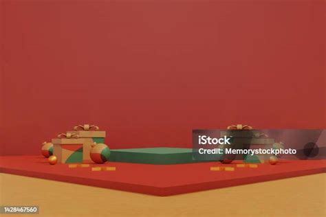 메리 크리스마스와 새해 복 많이 받으세요 배너 디자인 포스터 및 커버 디자인 배경 복사 공간이있는 크리스마스 스튜디오 테이블 룸 제품 디스플레이 3d 일러스트 레이 션 12