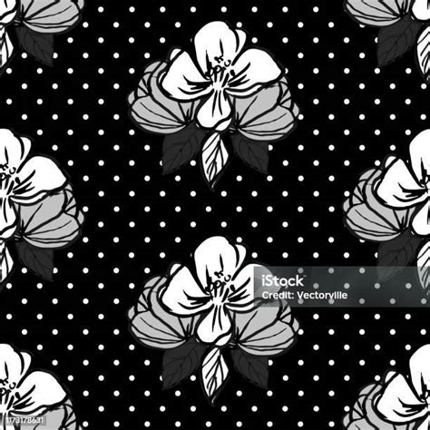 검은 색과 흰색 꽃 실루엣 은 잎 원활한 패턴 먼지가 분홍색 반복 벡터 텍스처 타일 타일 사각형과 싹을 윤곽 스칸디나비아 현대 인쇄 물방울 무늬 배경 0명에 대한 스톡 벡터