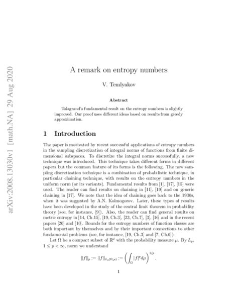 Pdf A Remark On Entropy Numbers Vladimir Temlyakov