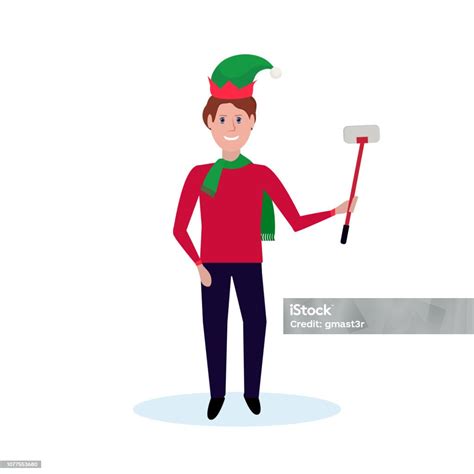 남자 Selfie 스틱 입고 요정 모자 해피 뉴 메리 크리스마스 컨셉 잡고 평면 남성 만화 캐릭터 고립 된 전체 길이 12월에 대한 스톡 벡터 아트 및 기타 이미지 Istock