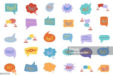 말풍선 플랫 아이콘 설정 안녕 예 안녕 아니 밤 와우 문구 대화 풍선 문자 기호에 대한 스톡 벡터 아트 및 기타 이미지 대화 풍선 문자 기호 0명 Brand Name