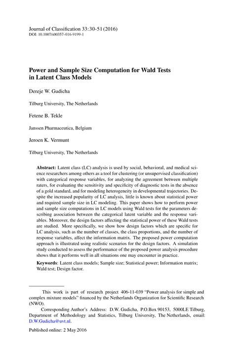 Power And Sample Size Computation For Wald Tests In Latent Class Models