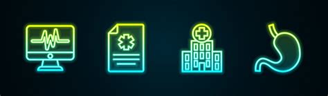 심장 조영술 임상 기록 의료 병원 건물 및 인간의 위장을 가진 세트 라인 모니터 빛나는 네온 아이콘입니다 벡터 건강 진단에 대한 스톡 벡터 아트 및 기타 이미지 Istock