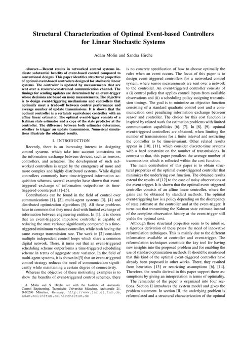 Pdf Structural Characterization Of Optimal Event Based Controllers For Linear Stochastic Systems