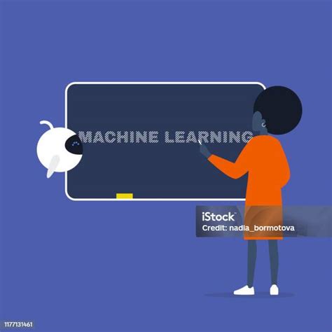 기계 학습 인공 지능 교육 칠판에 그리는 젊은 흑인 여성 캐릭터 새로운 기술 플랫 편집 가능한 벡터 일러스트레이션 클립 아트 테크놀로지에 대한 스톡 벡터 아트 및 기타