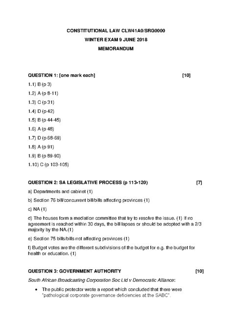 Constitutional Law Exam 9 June 2018 Memo Constitutional Law Clw41a0