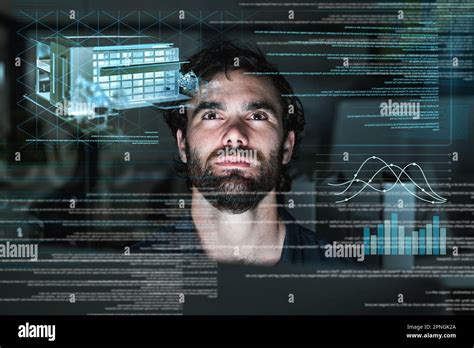 Architecture Hologram And Business Man With Data Analytics Focus And Overlay For Digital