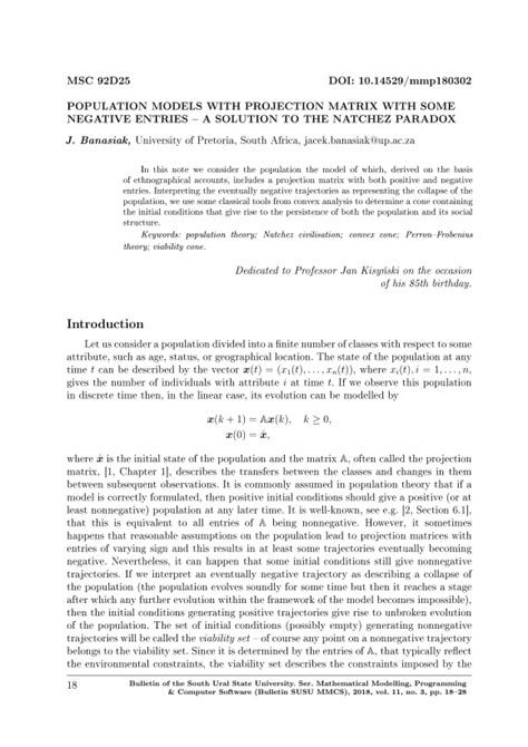 Population Models With Projection Matrix With Some Negative Entries A Solution To The Natchez