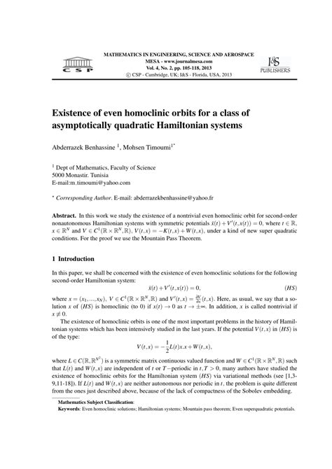 Pdf Existence Of Even Homoclinic Orbits For A Class Of Asymptotically Quadratic Hamiltonian