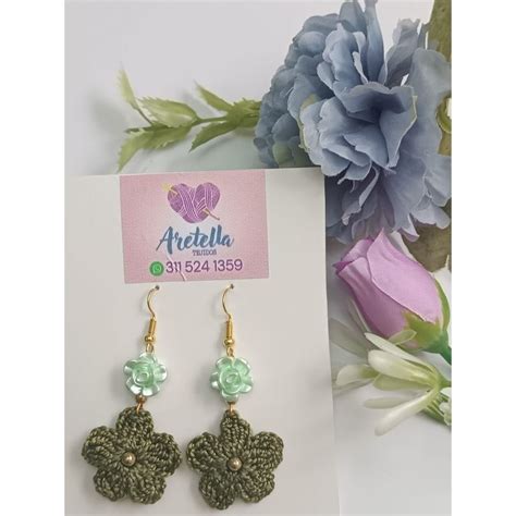Aretes Tejidos En Crochet Verde Flor Rosa Generico
