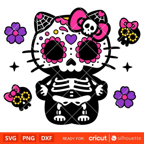 Day Of The Dead Hello Kitty Svg Skeleton Kitty Svg Kitty Dia De Los Muertos Svg Kawaii Svg