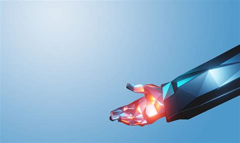 파란색 그라데이션 배경에 제품 배치를위한 낮은 폴리 로봇 손 팔을 엽니 다 미래 기술 개념 3d 일러스트레이션 보살핌에 대한 스톡 사진 및 기타 이미지 Istock