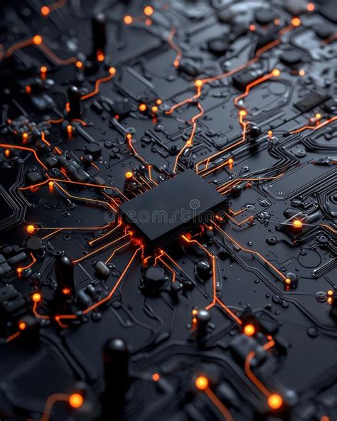 A Closeup View Of A Microchip On A Circuit Board With Glowing Orange Connections Representing