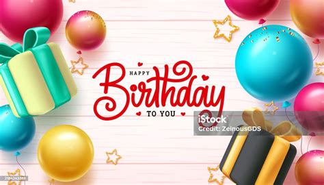 생일 인사말 벡터 템플릿 디자인 다채로운 풍선 선물 상자 및 별 파티 장식 요소가 있는 생일 축하 인사말 텍스트 공기 주입에 대한 스톡 벡터 아트 및 기타 이미지 Istock