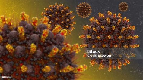 3d 의료 일러스트레이션 부유 질환 호흡기 인플루엔자 바이러스 세포의 현미경 보기 위험한 질병 코로나 바이러스 전염병 위험 다채로운 배경 0명에 대한 스톡 사진 및 기타
