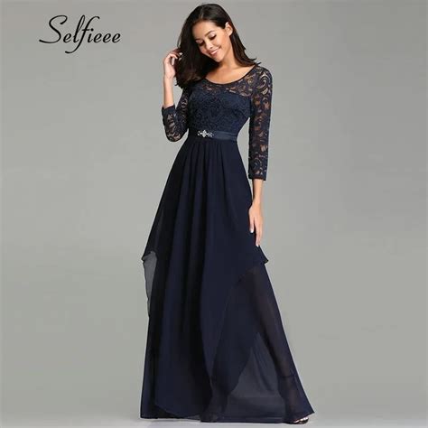 New Autumn Winter Navy Blue Formal Party Dress With Sleeve Elegant A