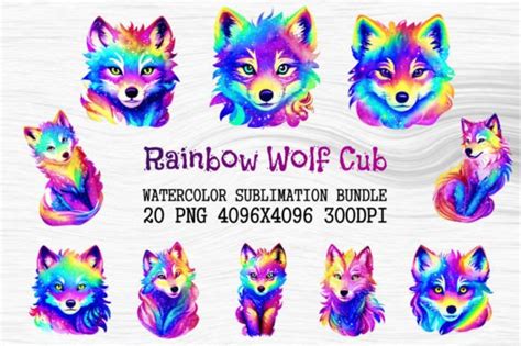 Rainbow Wolf Cub Watercolor Bundle Graphic By Backpack Hiker · Creative Fabrica