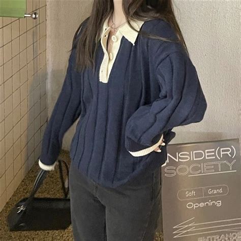 배색 카라 니트 티셔츠 결혼식투피스 하객 가을 데이트 데일리 오피스룩 니트티 오피스룩 캐주얼 러블리 봄 맨투맨 카디건