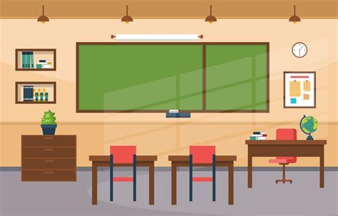 Elementary School Classroom With Desks And Chalkboard Illustration