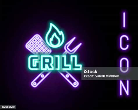 빛나는 네온 라인은 검은 배경에 고립 된 포크와 주걱 아이콘을 교차 화재 불꽃 표지판 바베큐 포크와 주걱 기호 바베큐 및 그릴 도구 다채로운 개요 개념 벡터 고기에 대한