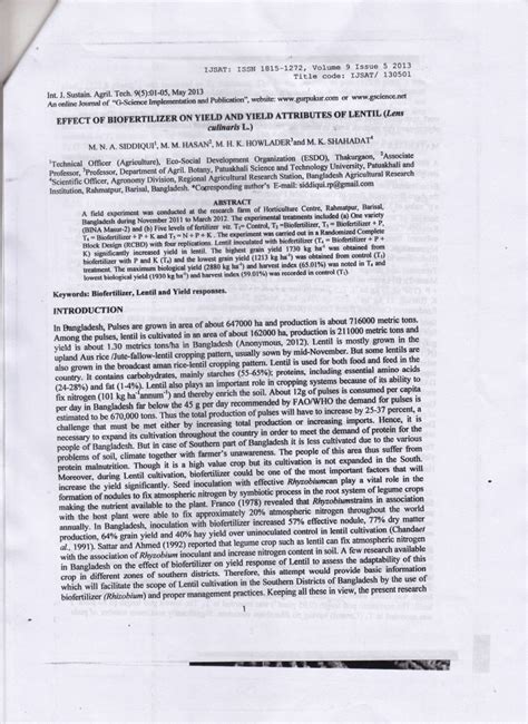 Pdf Effect Of Biofertilizer On Yield And Yield Attributes Of Lentil