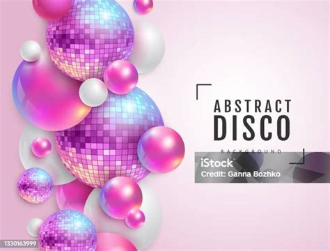 홀로그램 핑크 구와 디스코 볼 구와 3d 추상적 인 배경 디스코 볼 배경 디스코 파티 포스터 벡터 일러스트레이션 3차원 형태에 대한 스톡 벡터 아트 및 기타 이미지 Istock