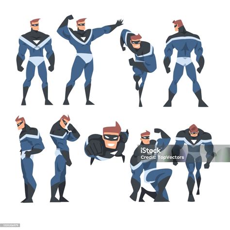 액션 세트의 남자 슈퍼 히어로 슈퍼맨 캐릭터 는 검은 색과 파란색 의상을 입고 마스크 만화 벡터 일러스트레이션 슈퍼히어로에 대한 스톡 벡터 아트 및 기타 이미지 Istock