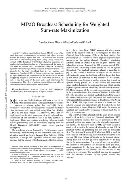 mimo broadcast scheduling for weighted sum rate maximization pdf