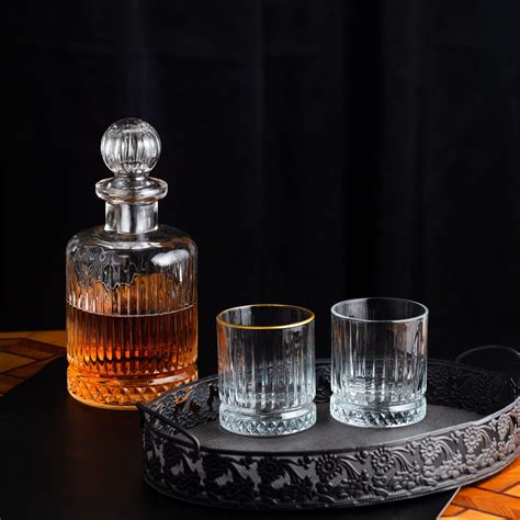 Modern Whiskey Decanter And Gold Rimmed Glasses Set Crystal Cut