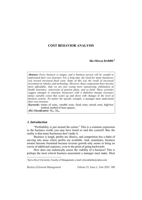 COST BEHAVIOR ANALYSIS 1 Introduction