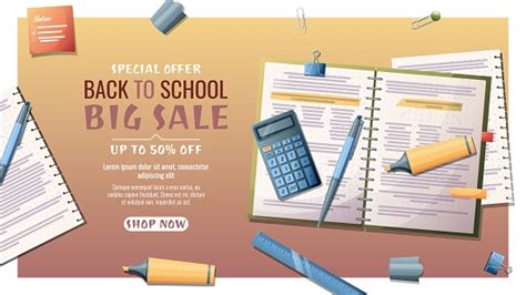 교과서 계산기 및 문구류가 있는 학교 판매 배너 템플릿으로 돌아갑니다 학교 시간 학교로 돌아가기 교육 개념 웹 디자인 웹 사이트 페이지 0명에 대한 스톡 벡터 아트 및 기타