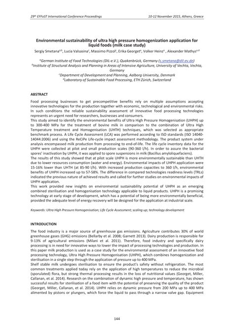 Pdf Environmental Sustainability Of Ultra High Pressure Homogenization Application For Liquid