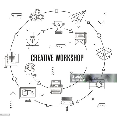 Creative Workshop Circle Line Icon Set Concept Stock Illustration