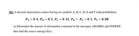 Solved Q1 A Discrete Memoryless Source Having Six Symbols