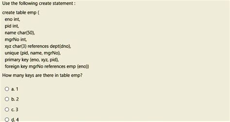 solved use the following create statement create table emp eno int