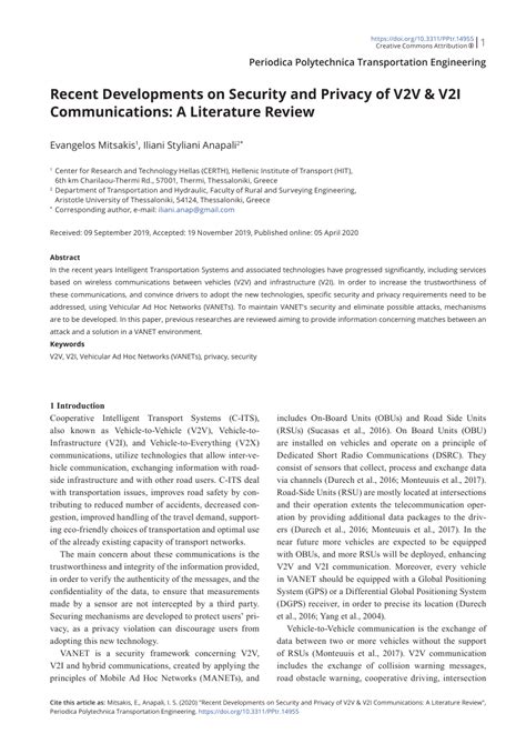 Pdf Recent Developments On Security And Privacy Of V2v And V2i Communications A Literature Review