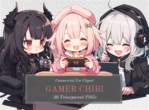 Chibi Anime Gamer Girls Clipart Bundle Kawaii Happy Goth Streamer
