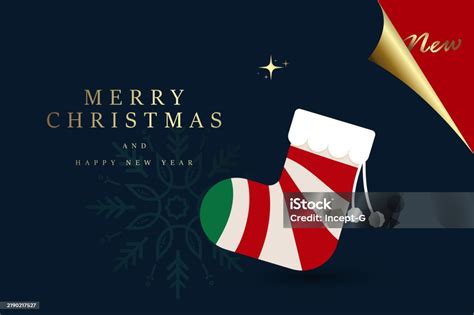 빨간색과 녹색의 겨울 스타킹 흰색 커프스와 크리스마스 퍼지 아늑한 양말과 함께 새해 복 많이 받으세요 배너 메리 크리스마스와 새해 복 많이 받으세요라는 단어 0명에 대한