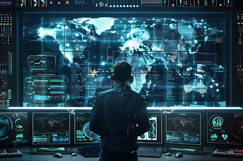 High Tech Surveillance Control Room With Global Network Monitoring