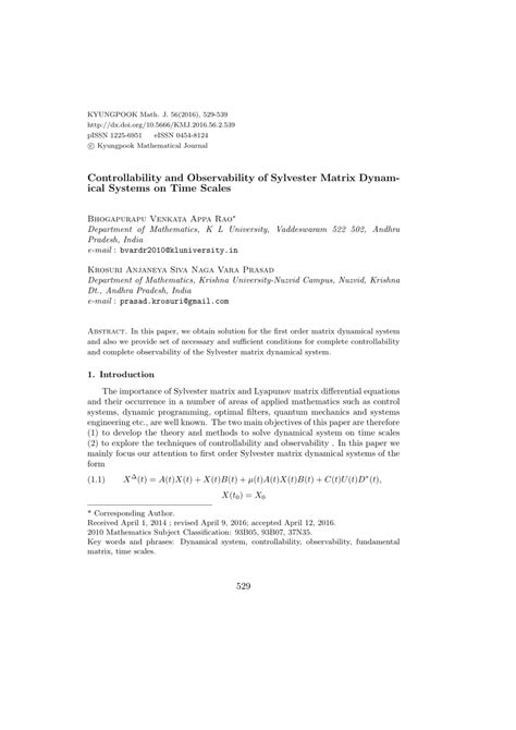 Pdf Controllability And Observability Of Sylvester Matrix Dynamical Systems On Time Scales