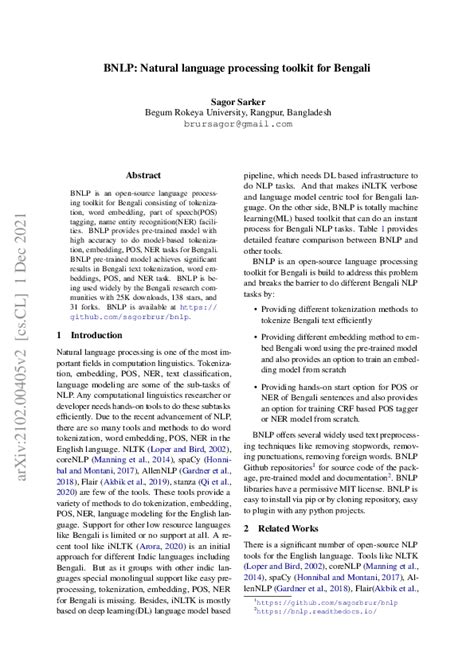Pdf Bnlp Natural Language Processing Toolkit For Bengali Language