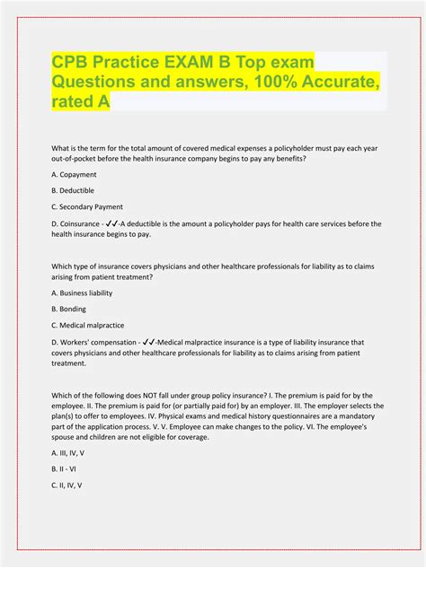 CPB Practice EXAM B Top Exam Questions And Answers 100 Accurate Rated A CPB Stuvia US